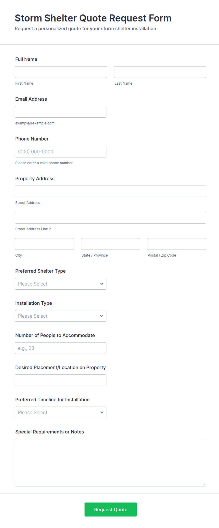 Storm Shelter Quote Request Form Template | Jotform