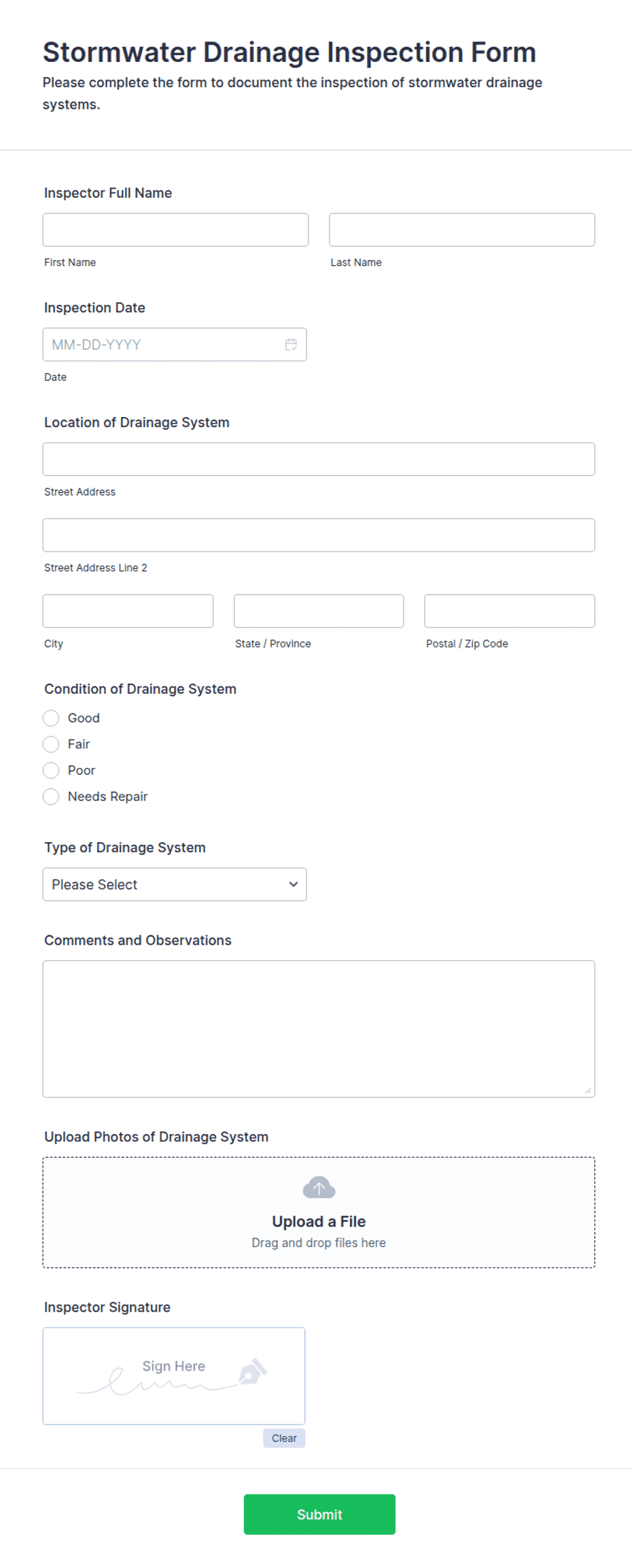 Stormwater Drainage Inspection Form Template | Jotform