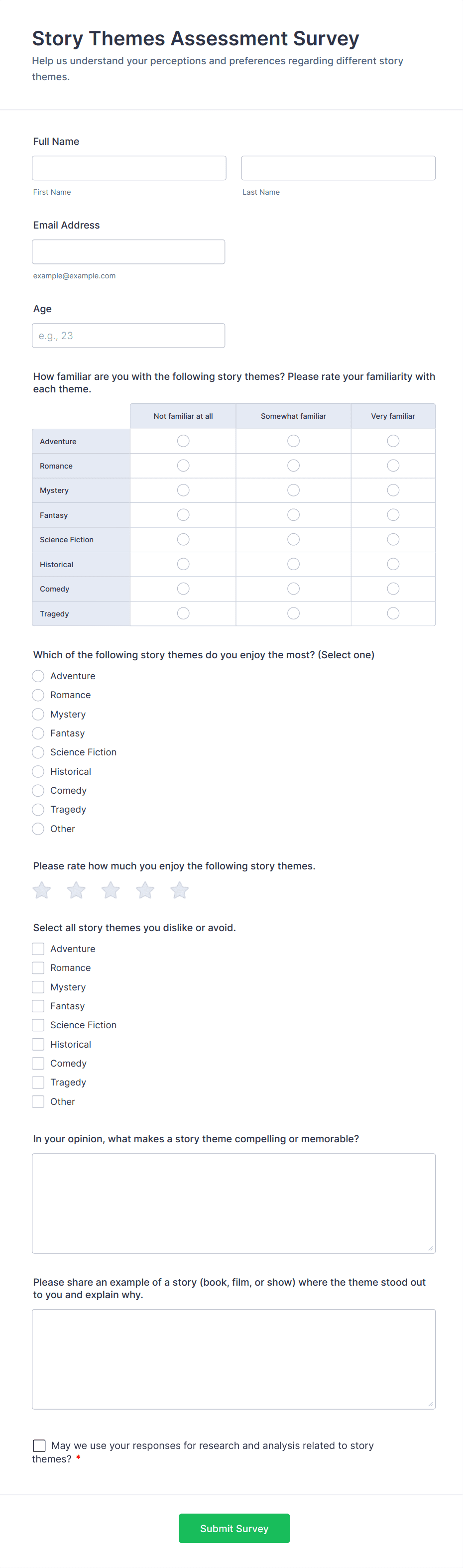 Story Themes Assessment Survey Form Template | Jotform