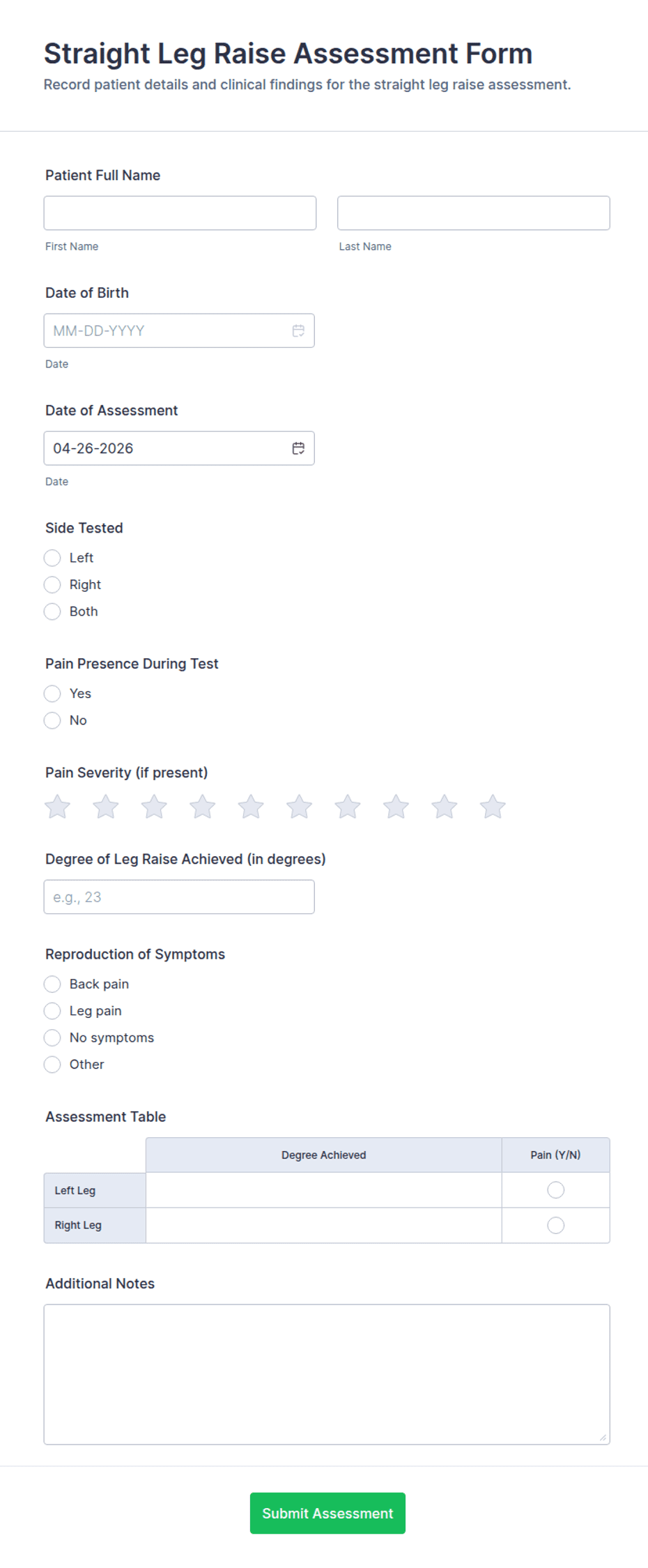 Straight Leg Raise Assessment Form Template | Jotform