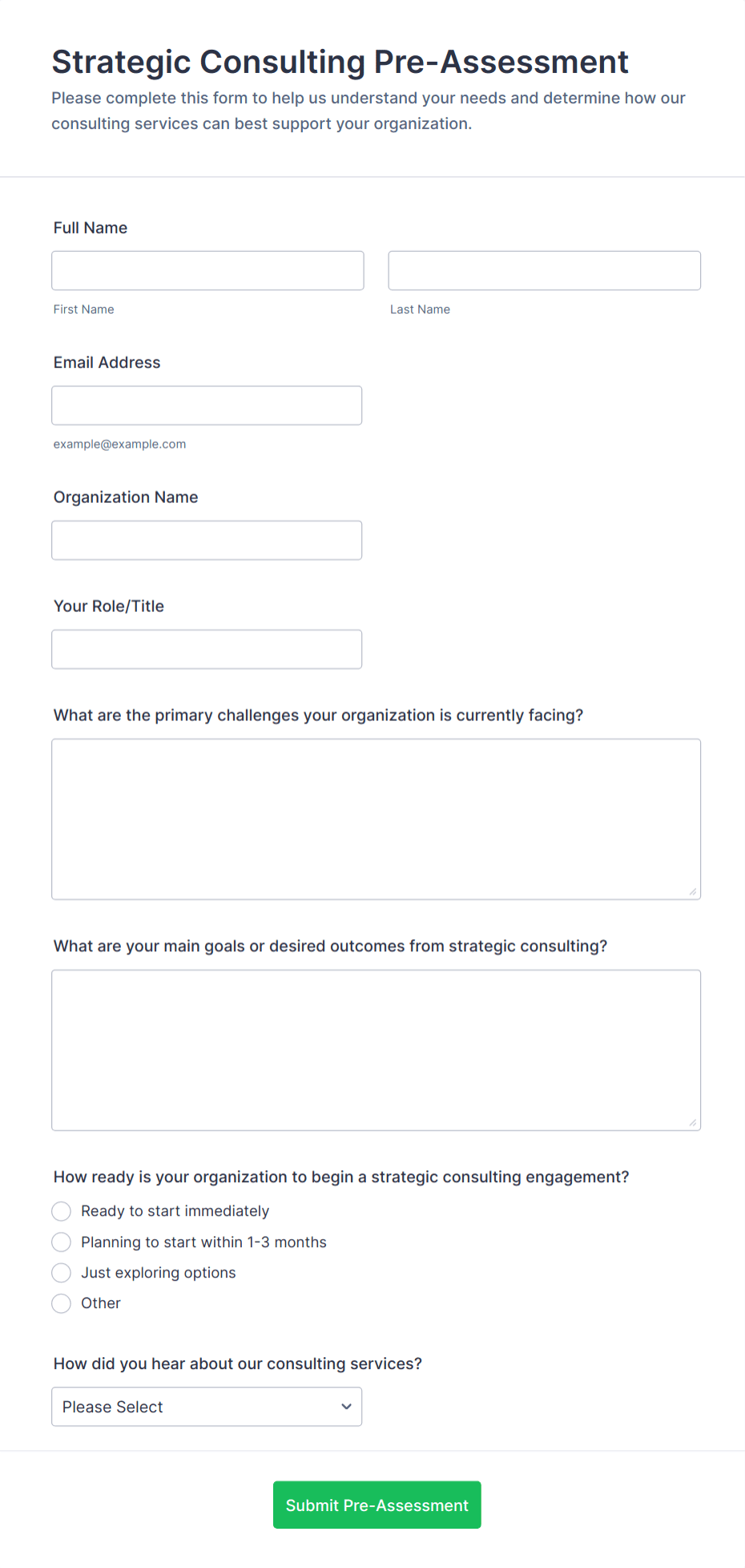 Strategic Consulting Pre-Assessment Form Template | Jotform