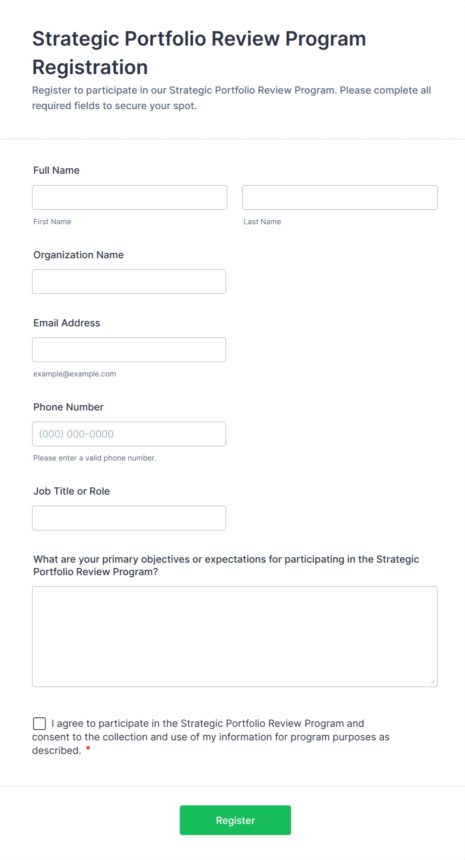 Strategic Portfolio Review Program Registration Form Template | Jotform