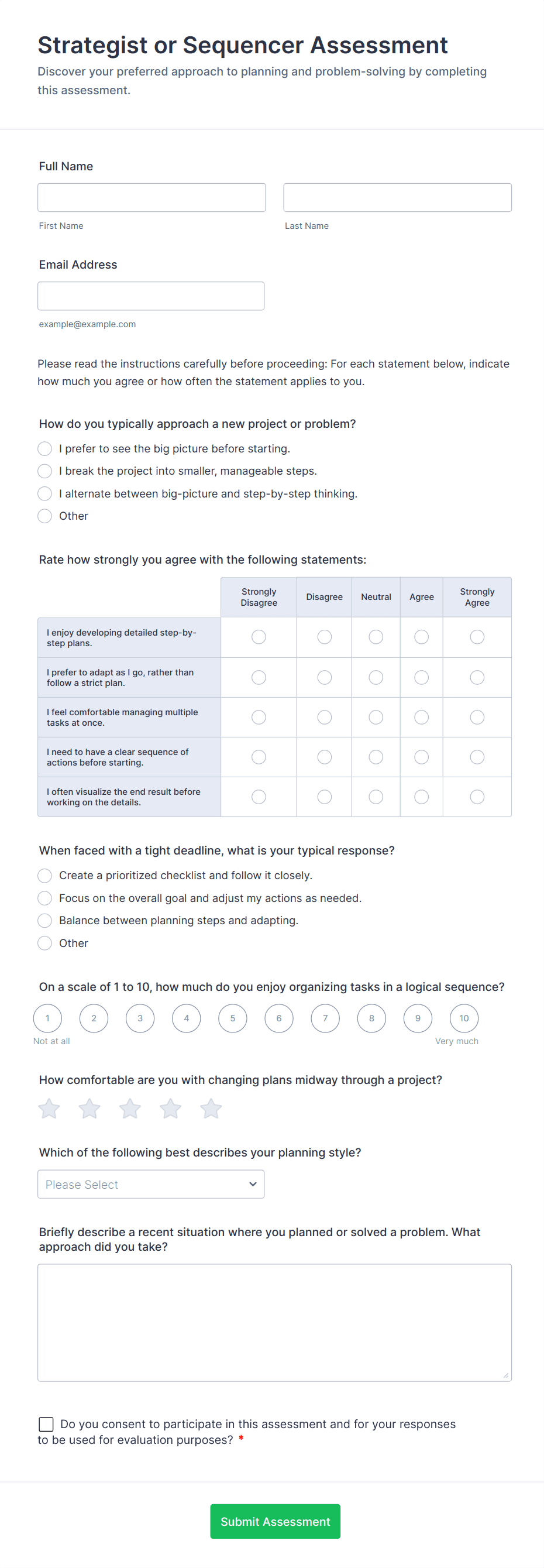 Strategist or Sequencer Assessment Form Template | Jotform