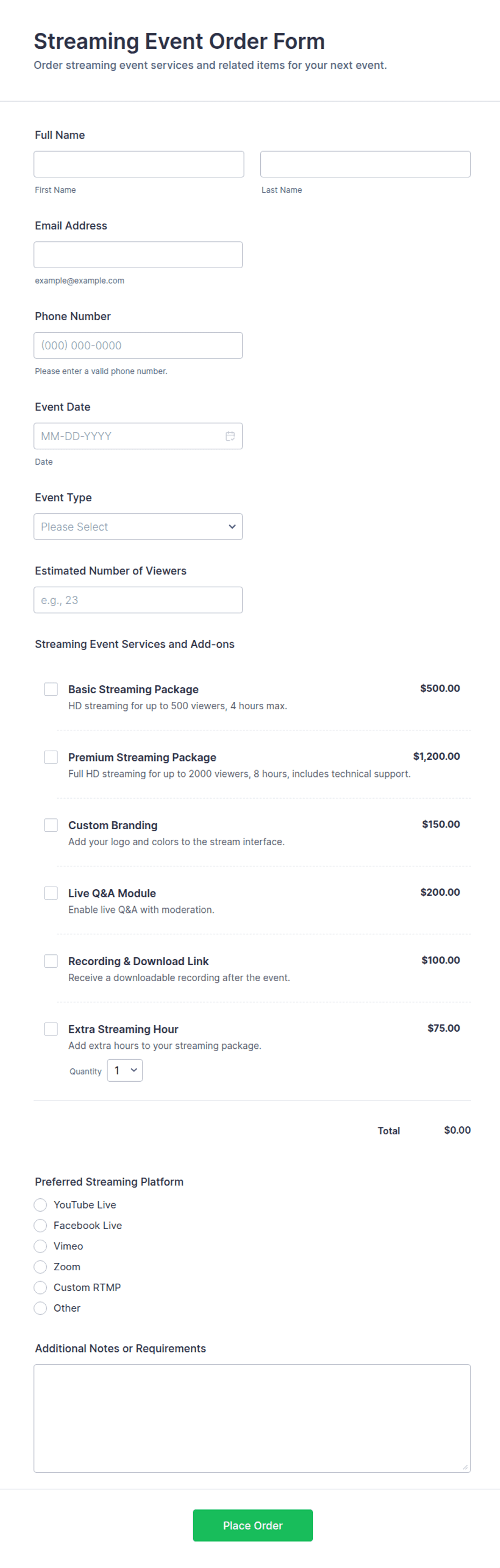 Streaming Event Order Form Template | Jotform