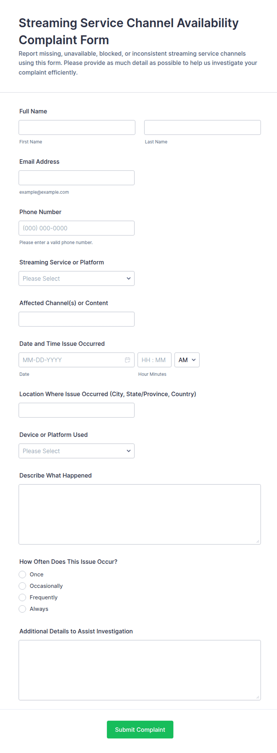 Streaming Service Channel Availability Complaint Form Template | Jotform