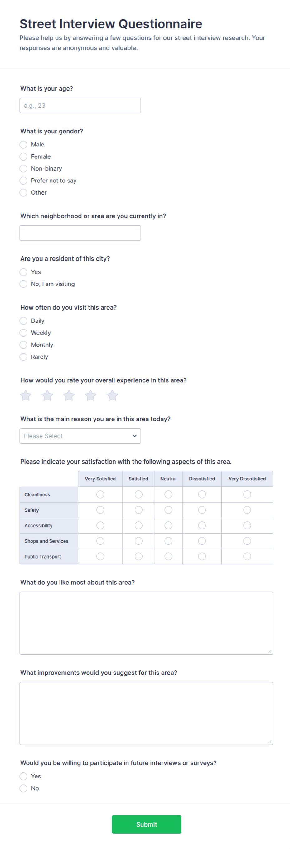 Street Interview Questionnaire Form Template | Jotform