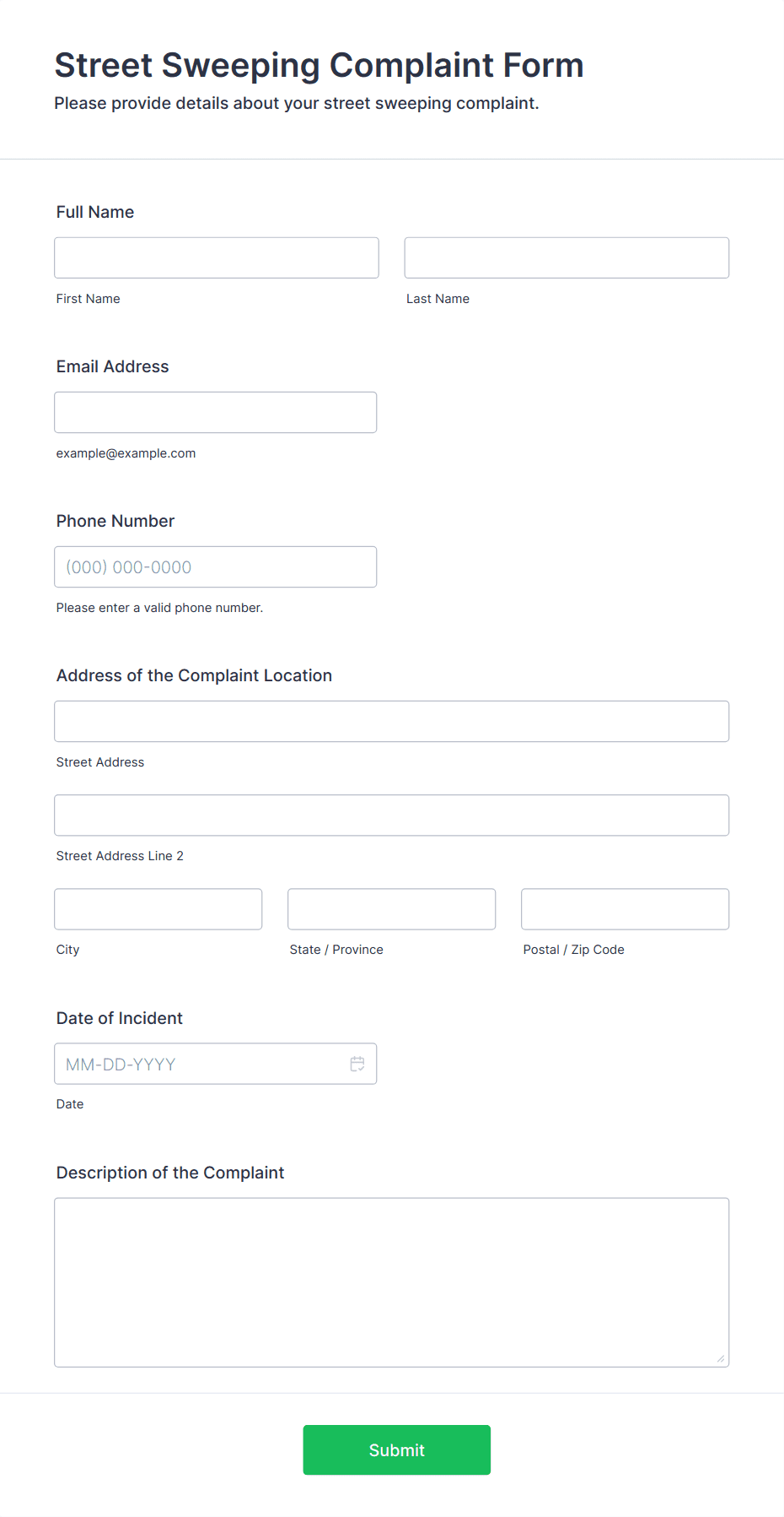 Street Sweeping Complaint Form Template | Jotform