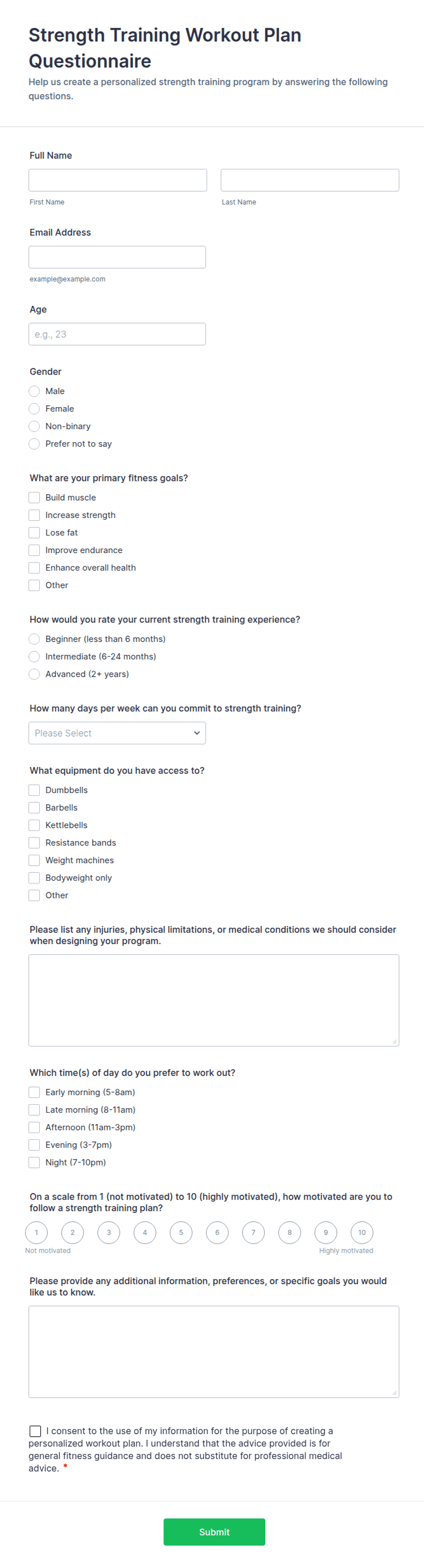 Strength Training Workout Plan Questionnaire Form Template | Jotform