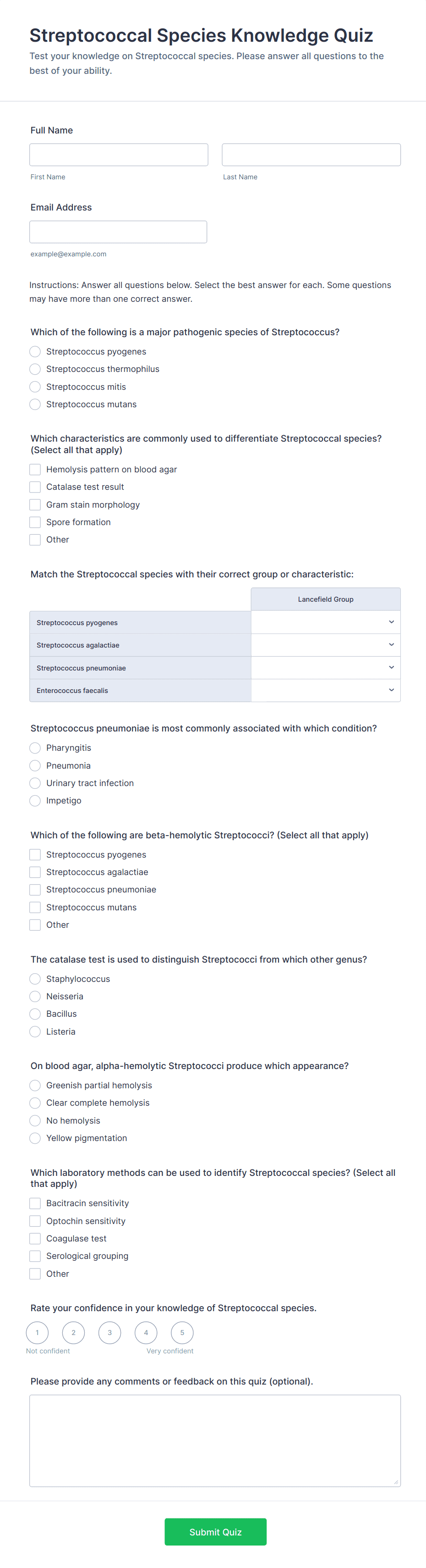 Streptococcal Species Knowledge Quiz Form Template | Jotform