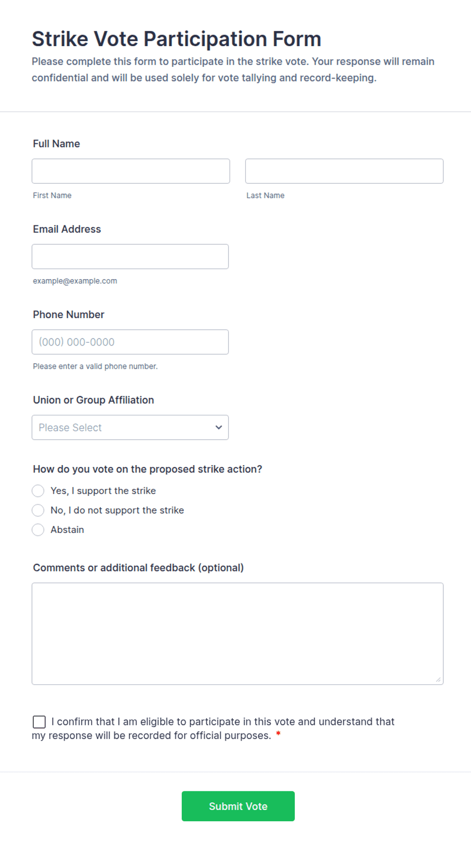 Strike Vote Participation Form Template | Jotform