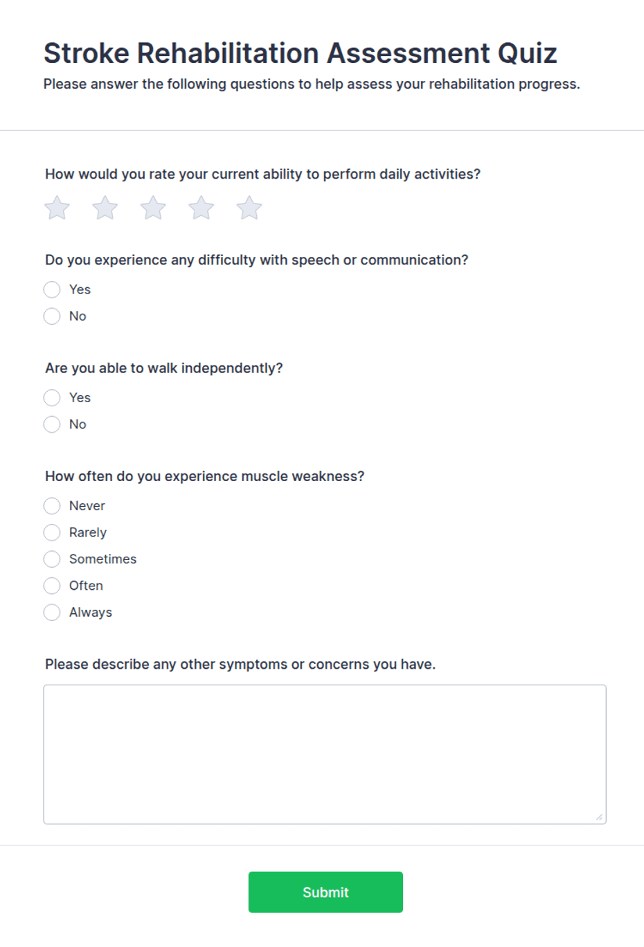 Stroke Rehabilitation Assessment Quiz Form Template | Jotform