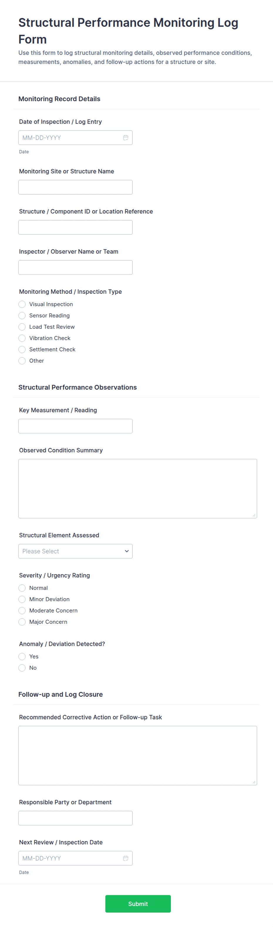 Structural Performance Monitoring Log Form Template | Jotform