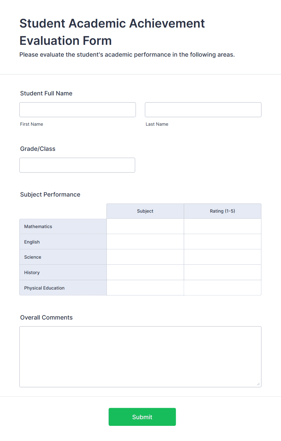 Student Academic Achievement Evaluation Form Template | Jotform