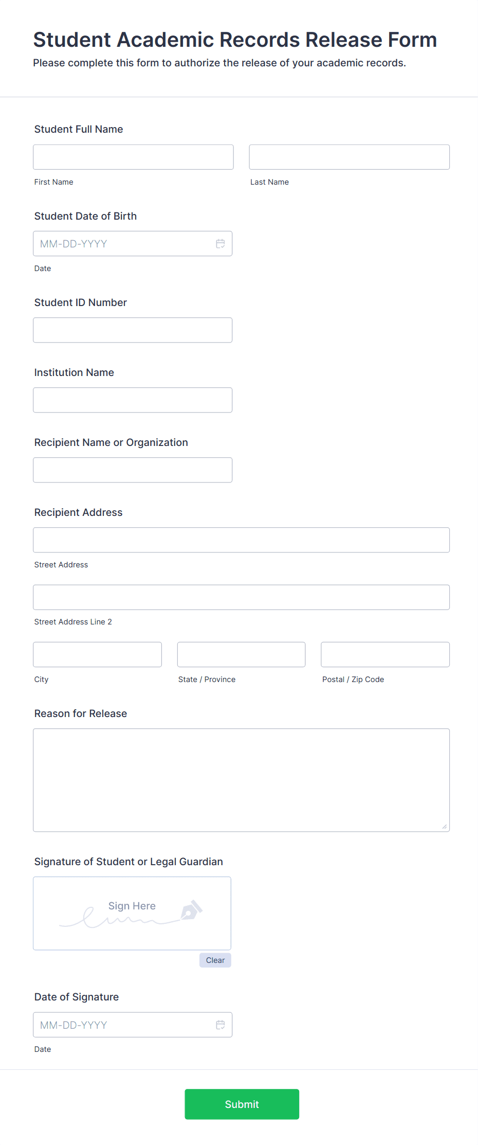 Student Academic Records Release Form Template | Jotform
