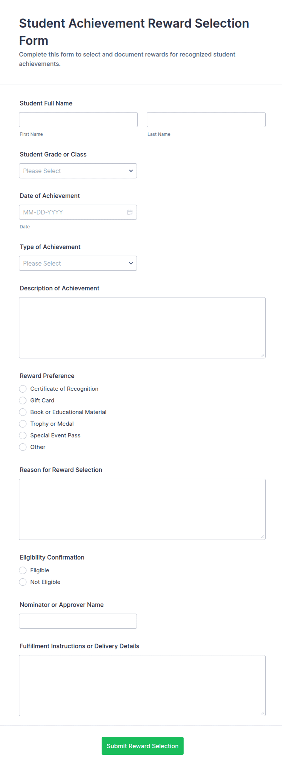Student Achievement Reward Selection Form Template | Jotform