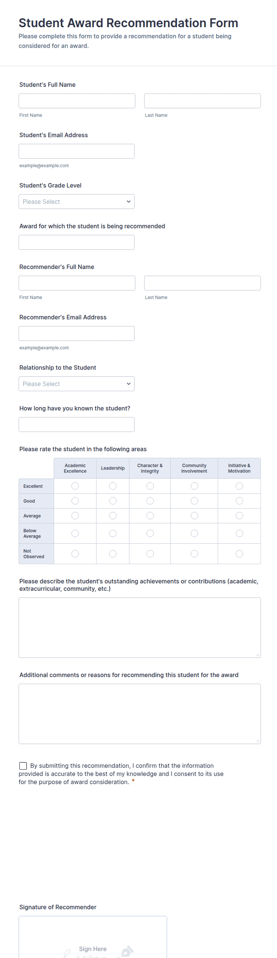 Student Award Recommendation Form Template | Jotform