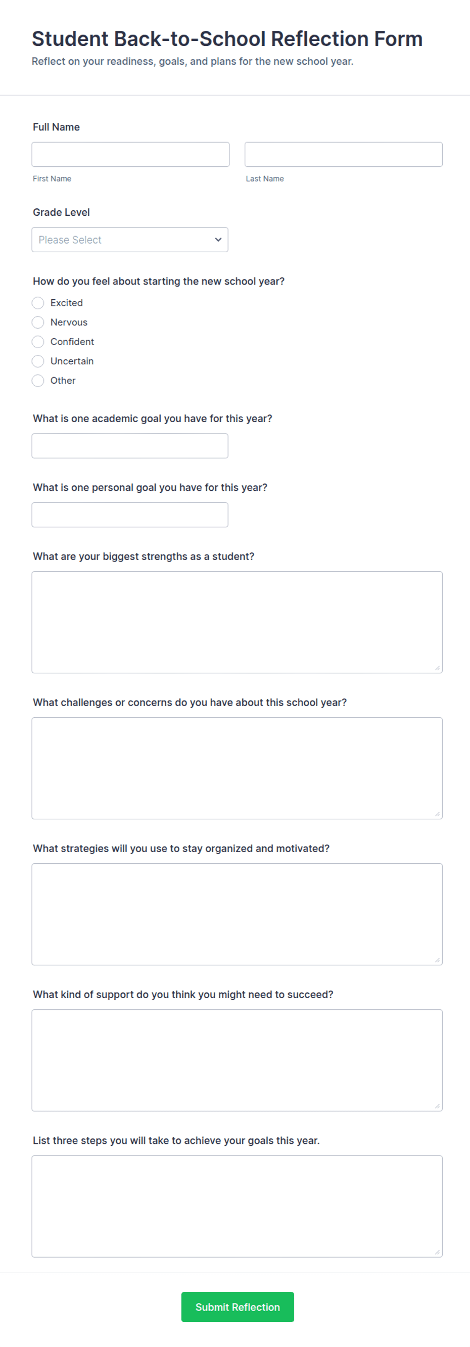 Student Back-to-School Reflection Form Template | Jotform