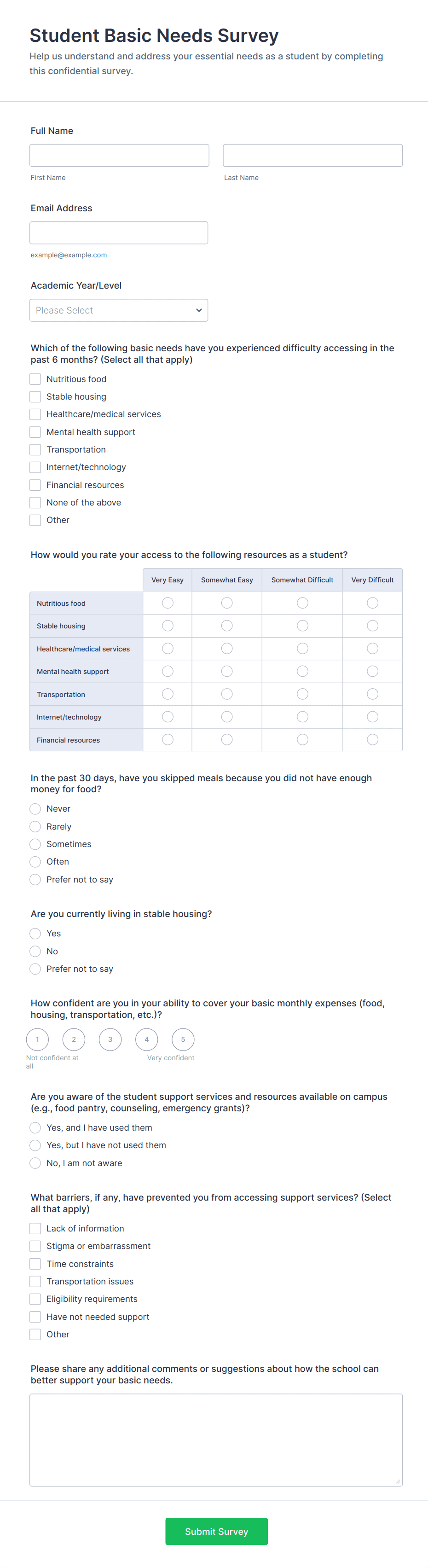 Student Basic Needs Survey Form Template | Jotform