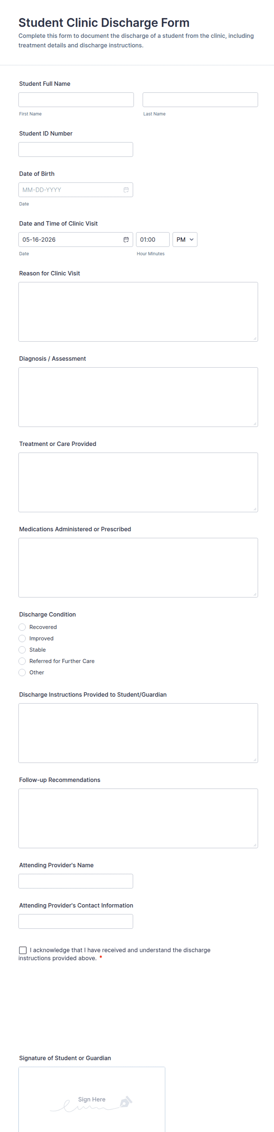 Student Clinic Discharge Form Template | Jotform