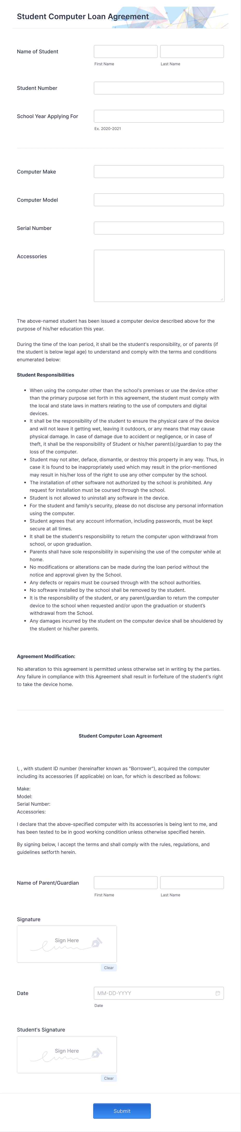 Student Computer Loan Agreement Form Template | Jotform