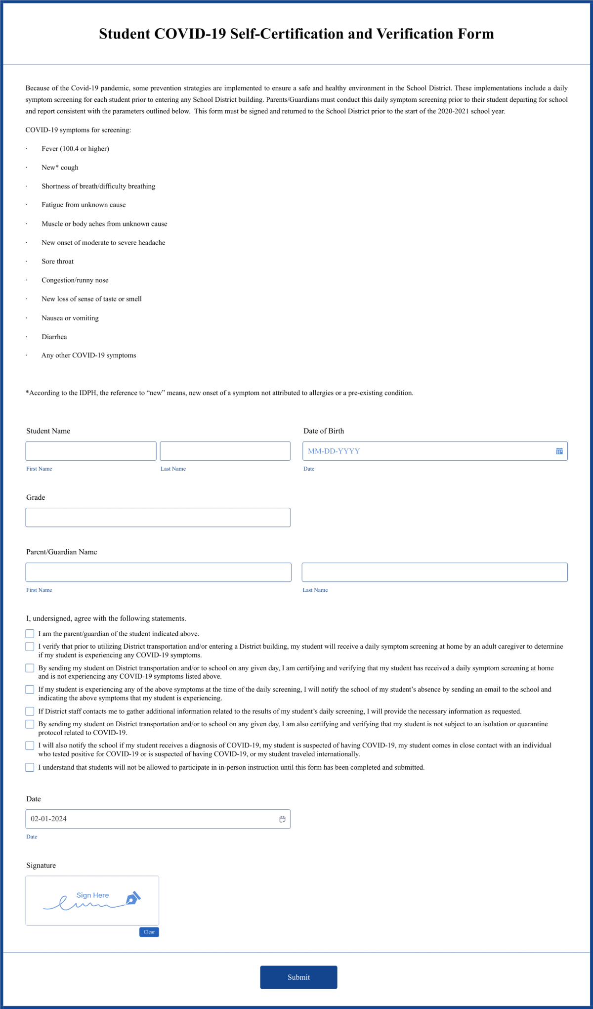 Student COVID-19 Self-Certification and Verification Form Template | Jotform
