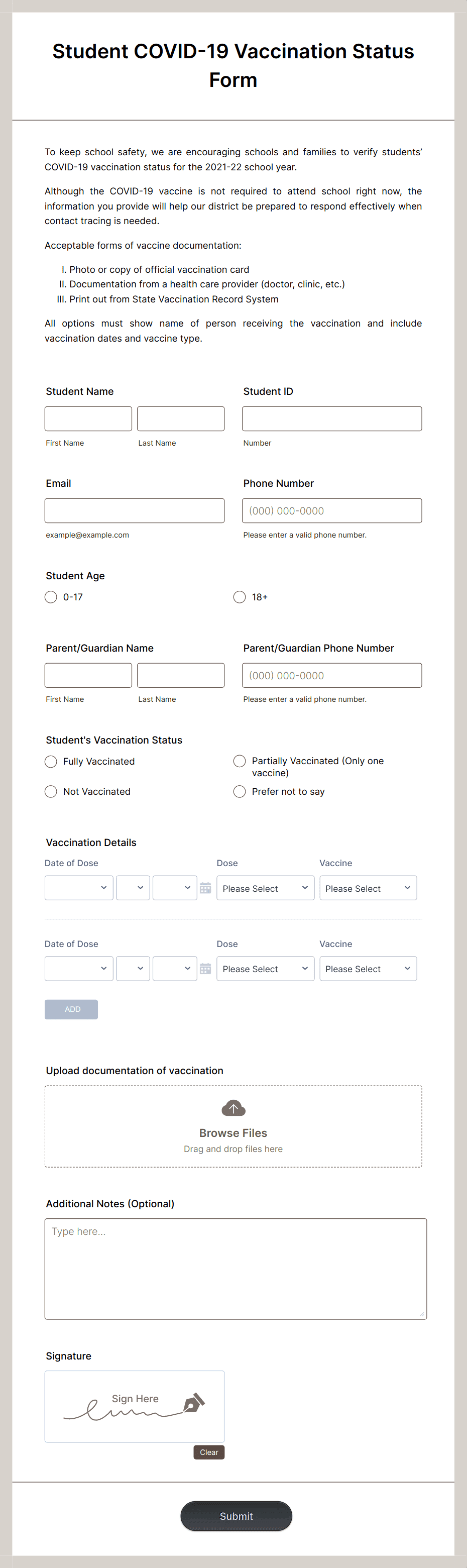 Student COVID-19 Vaccination Status Form Template | Jotform