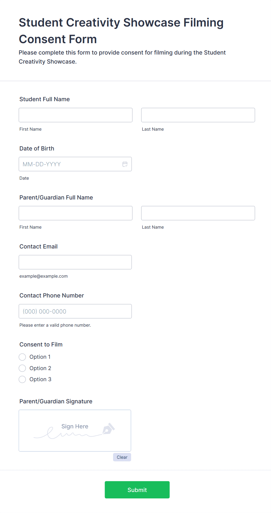 Student Creativity Showcase Filming Consent Form Template | Jotform