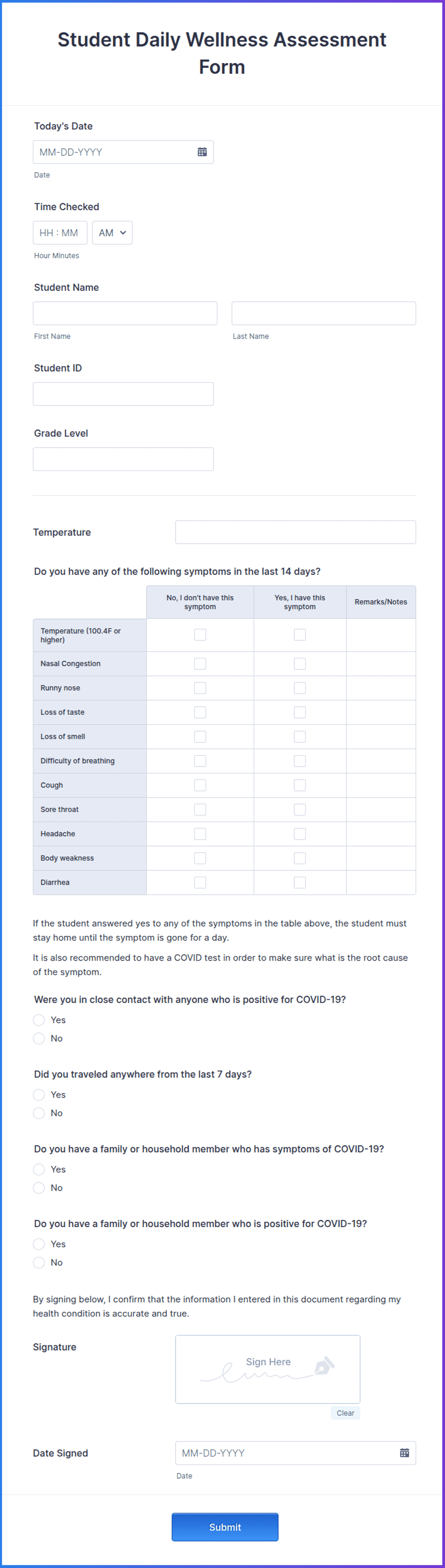 Student Daily Wellness Assessment Form Template | Jotform