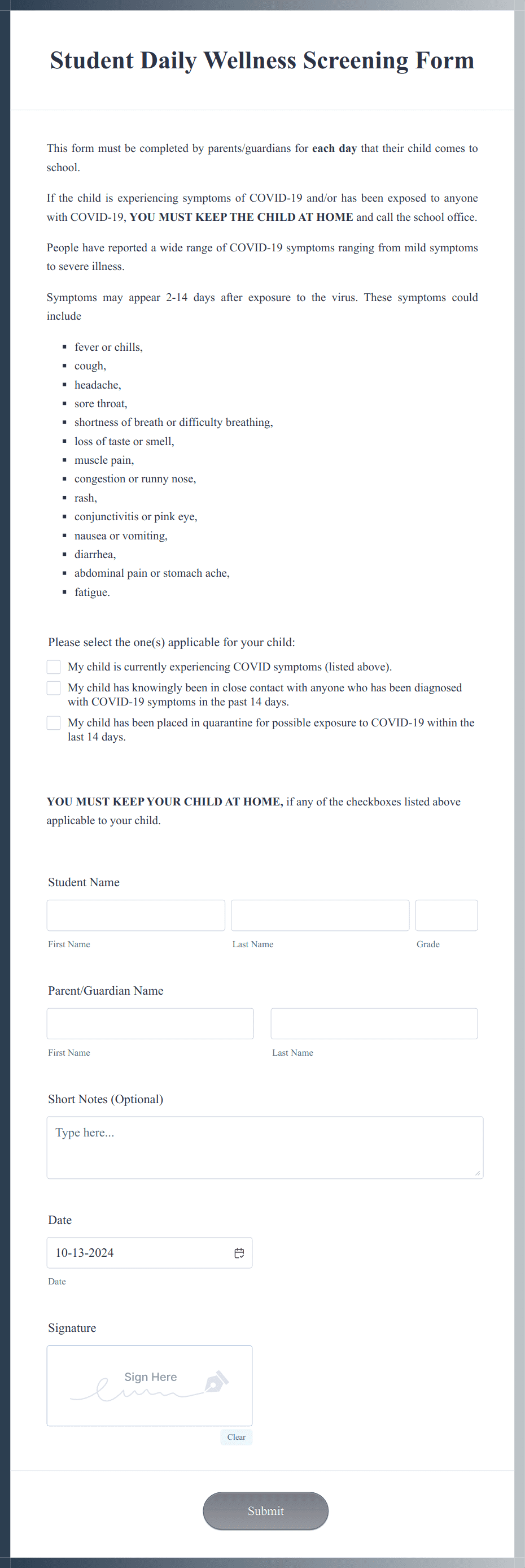 Student Daily Wellness Screening Form Template | Jotform