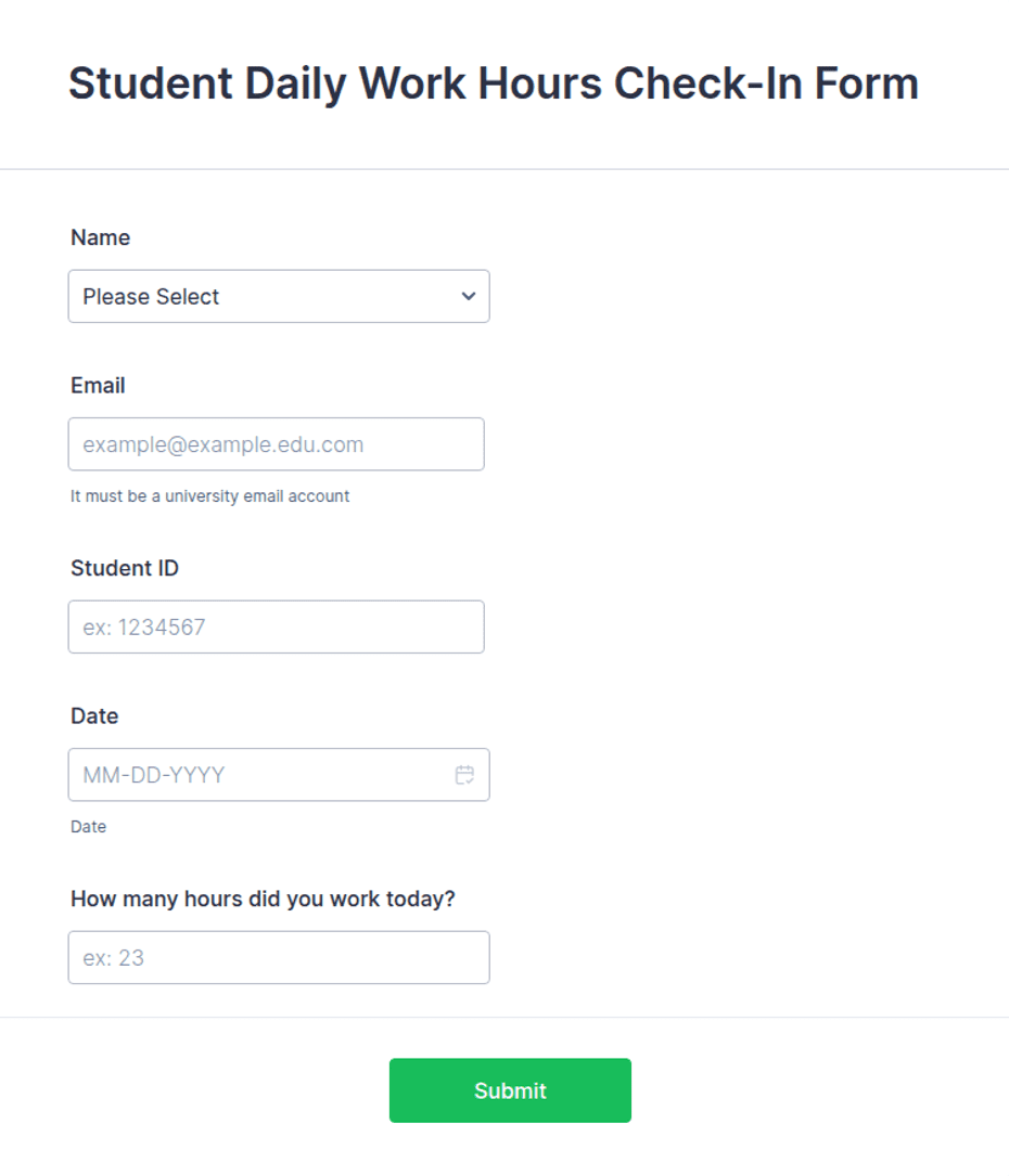 Student Daily Work Hours Check-In Form Template | Jotform