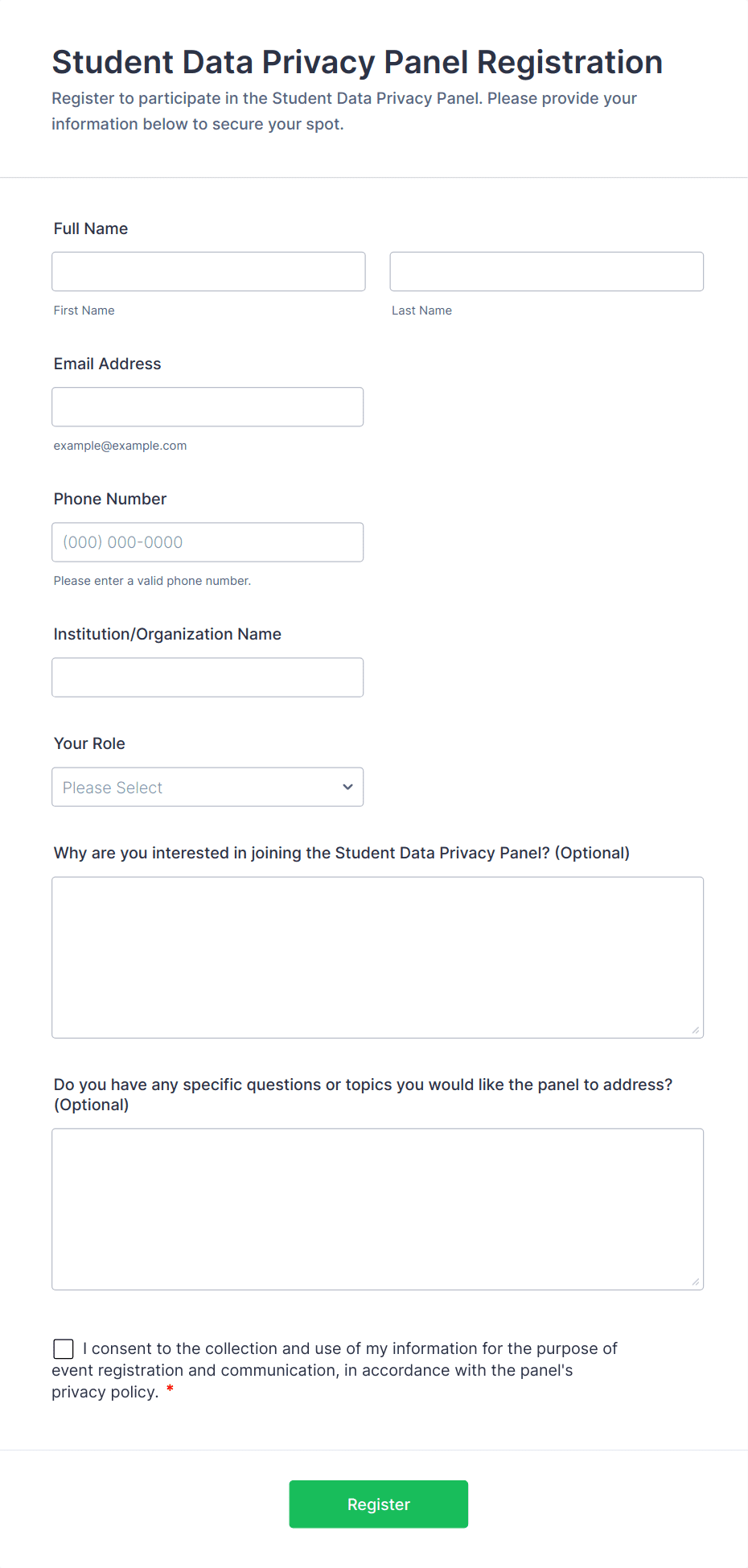 Student Data Privacy Panel Registration Form Template | Jotform