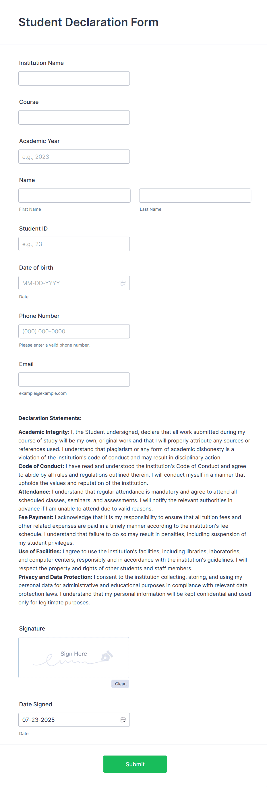 Student Declaration Form Template | Jotform