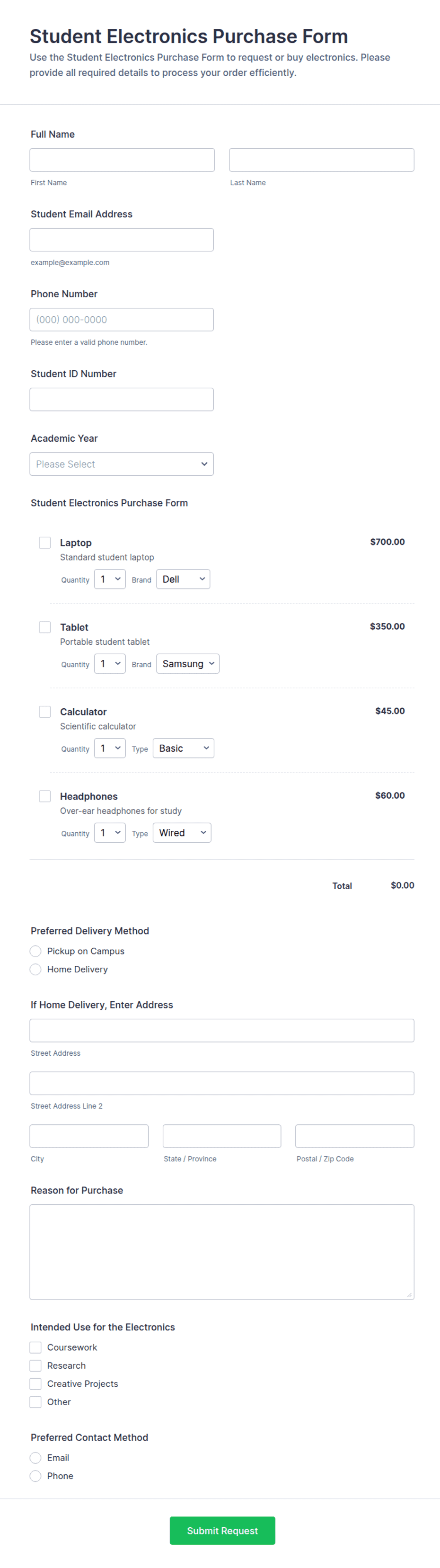 Student Electronics Purchase Form Template | Jotform