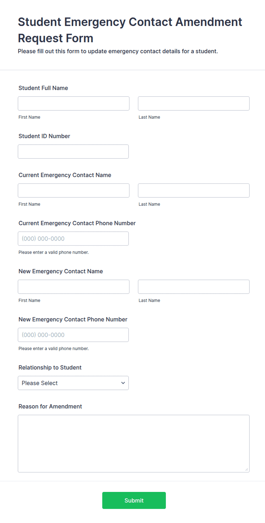 Student Emergency Contact Amendment Request Form Template | Jotform