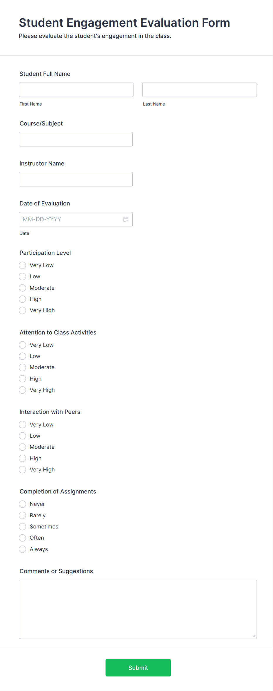 Student Engagement Evaluation Form Template | Jotform
