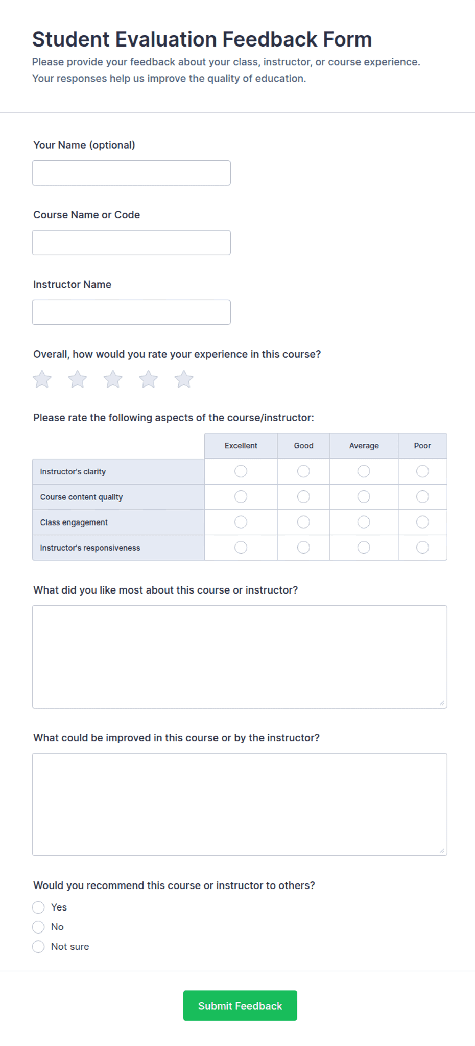 Student Evaluation Feedback Form Template | Jotform