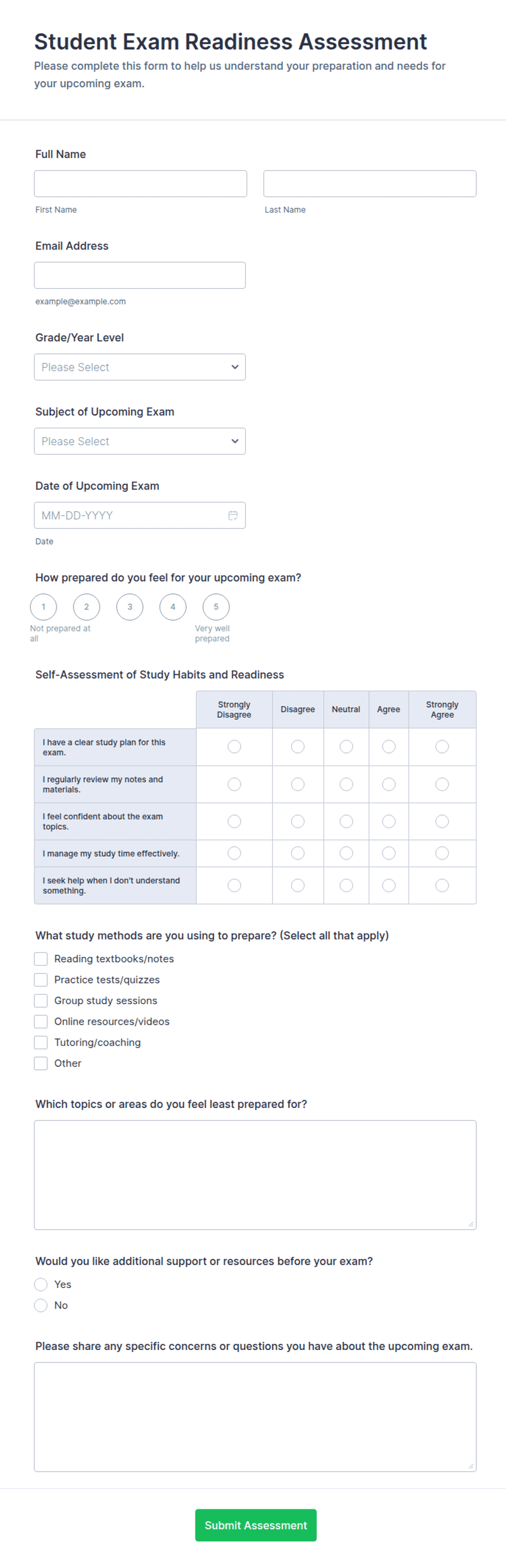 Student Exam Readiness Assessment Form Template | Jotform