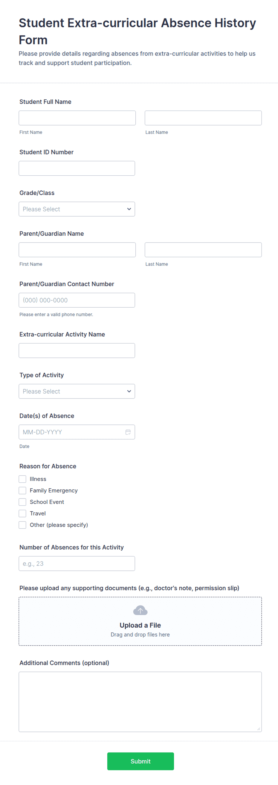Student Extra-curricular Absence History Form Template | Jotform