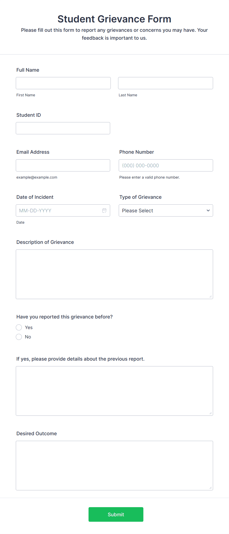 Student Grievance Form Template | Jotform