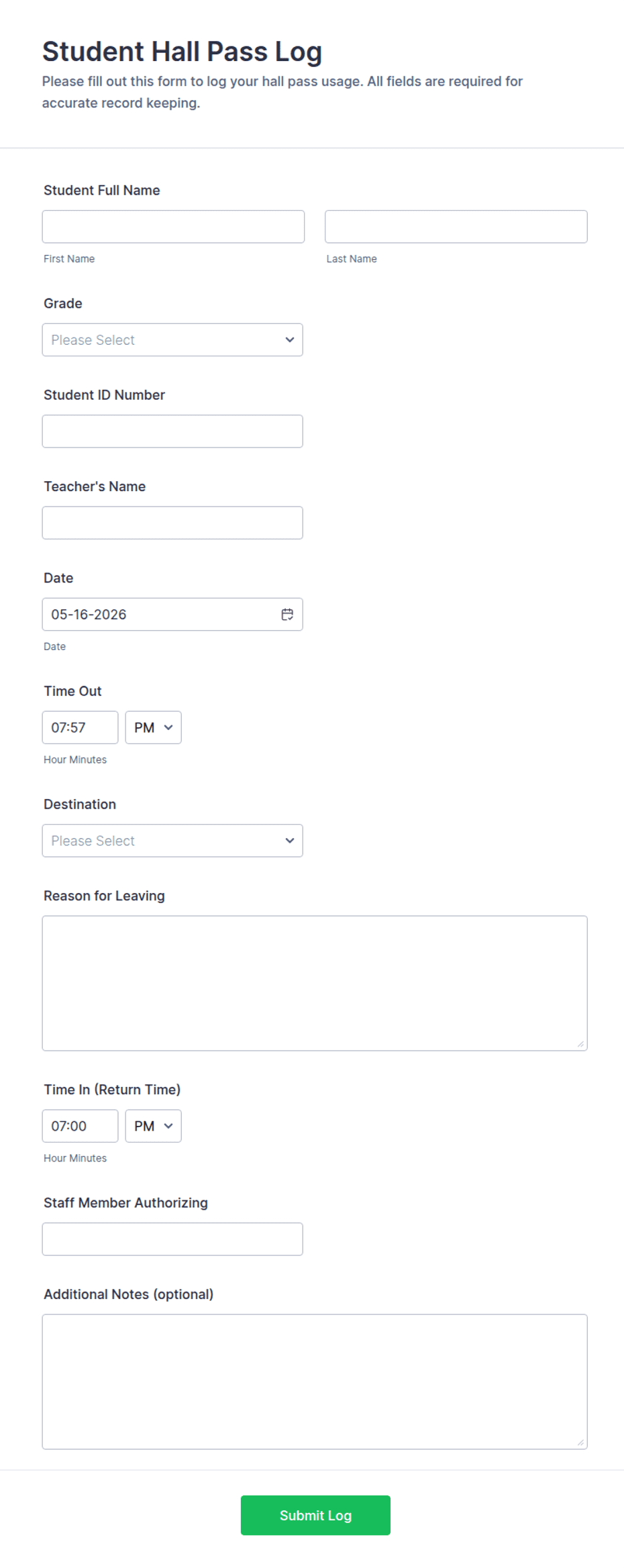 Student Hall Pass Log Form Template | Jotform