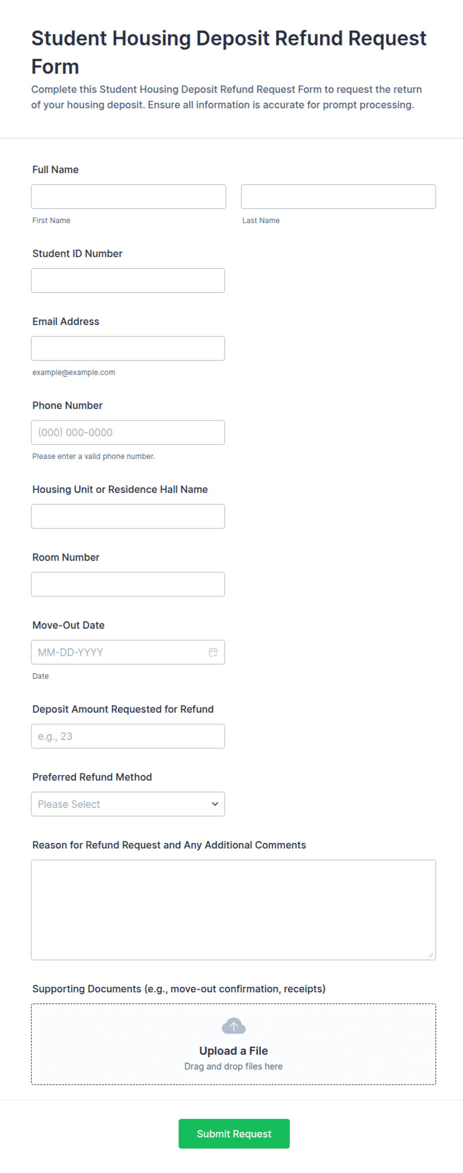 Student Housing Deposit Refund Request Form Template | Jotform