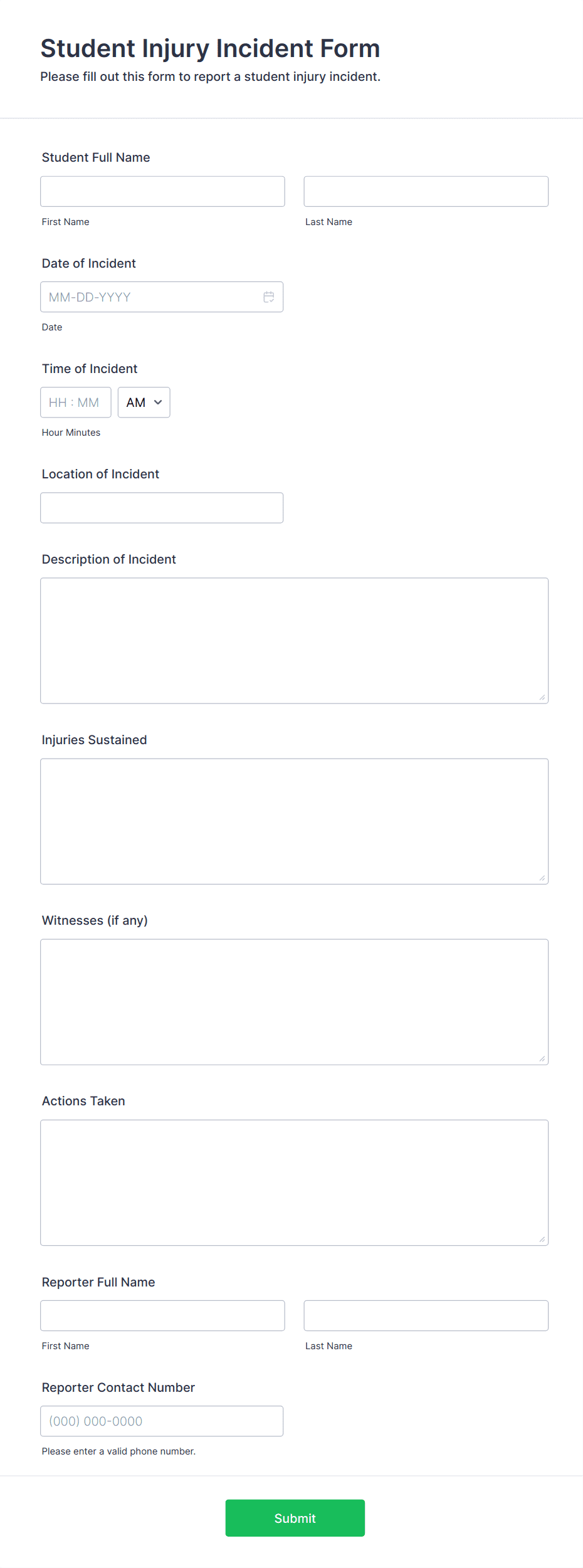 Student Injury Incident Form Template | Jotform