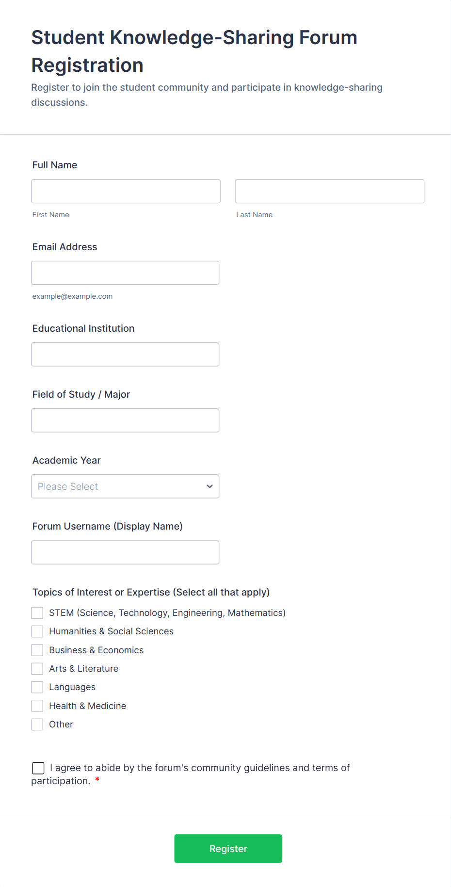 Student Knowledge-Sharing Forum Registration Form Template | Jotform