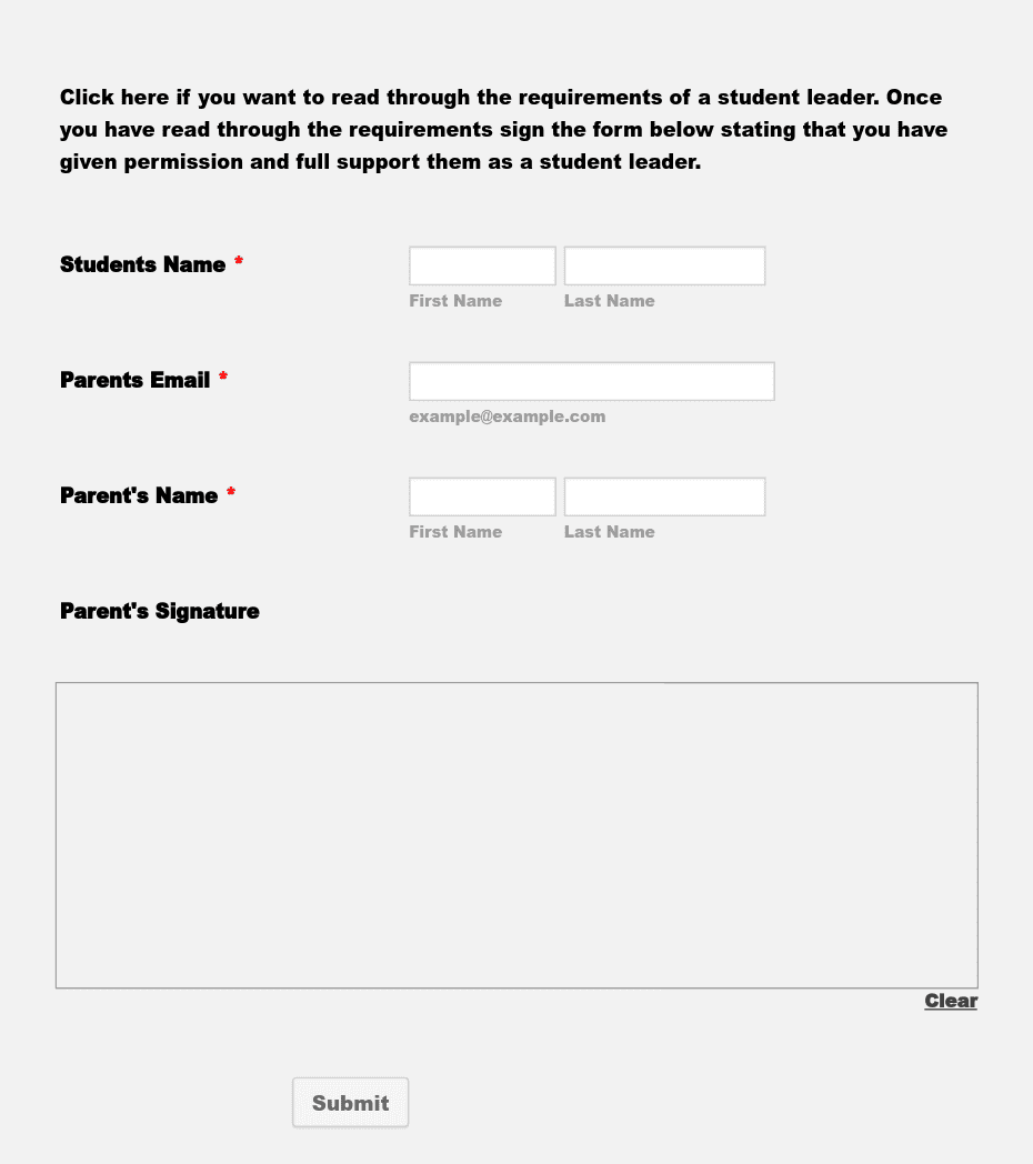 Student Leadership Team Parent Permission Slip Form Template | Jotform