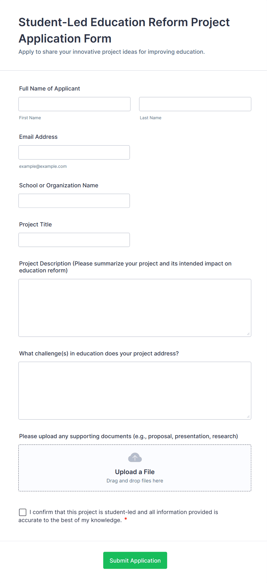 Student-Led Education Reform Project Application Form Template | Jotform