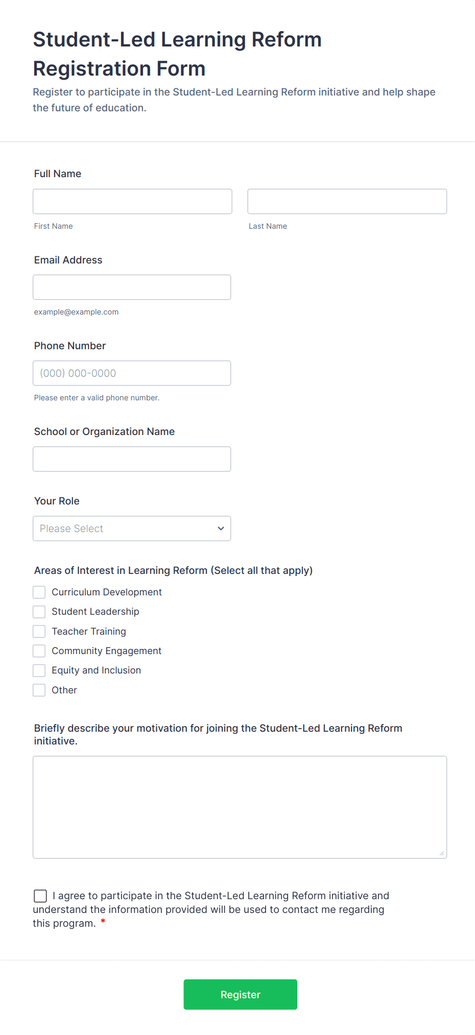 Student-Led Learning Reform Registration Form Template | Jotform