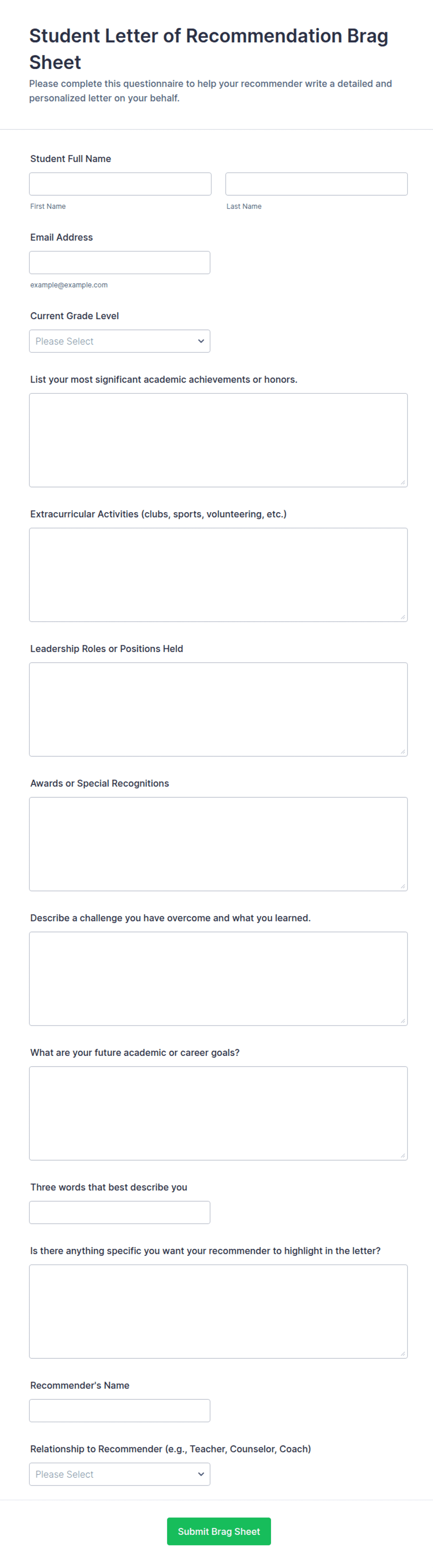 Student Letter of Recommendation Brag Sheet Questionnaire Form Template ...