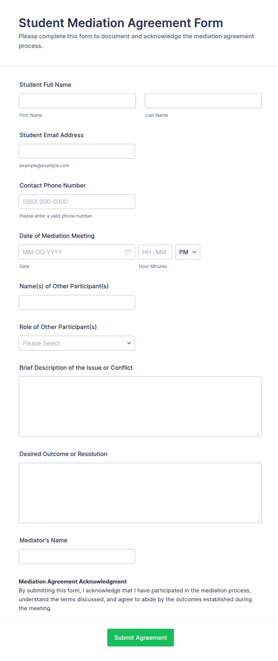 Student Mediation Agreement Form Template | Jotform