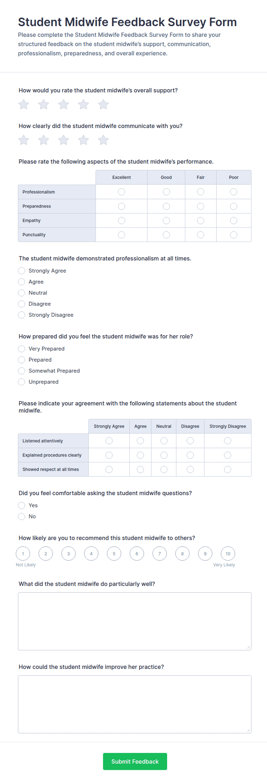 Student Midwife Feedback Survey Form Template | Jotform