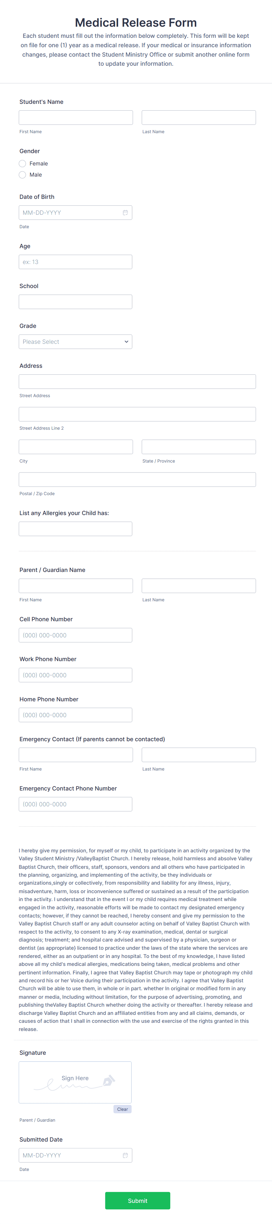 Student Ministry Medical Release Form Template | Jotform